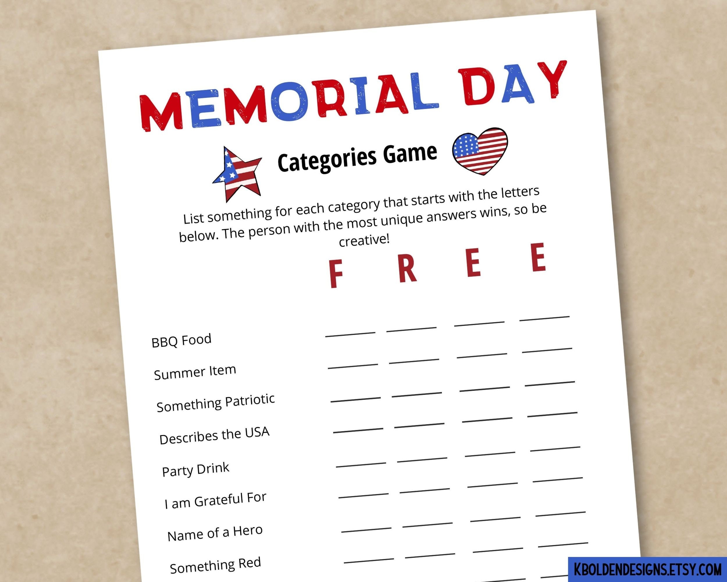 Memorial Day Printable Categories Game, Digital Download, Word Games ...