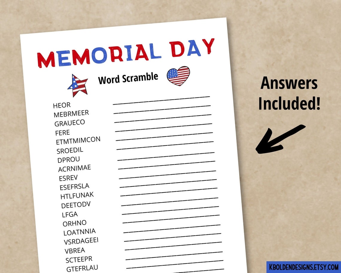 Memorial Day Printable Word Scramble Digital Download | Etsy
