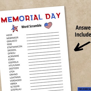 Memorial Day Printable Word Scramble, Digital Download, Classroom ...