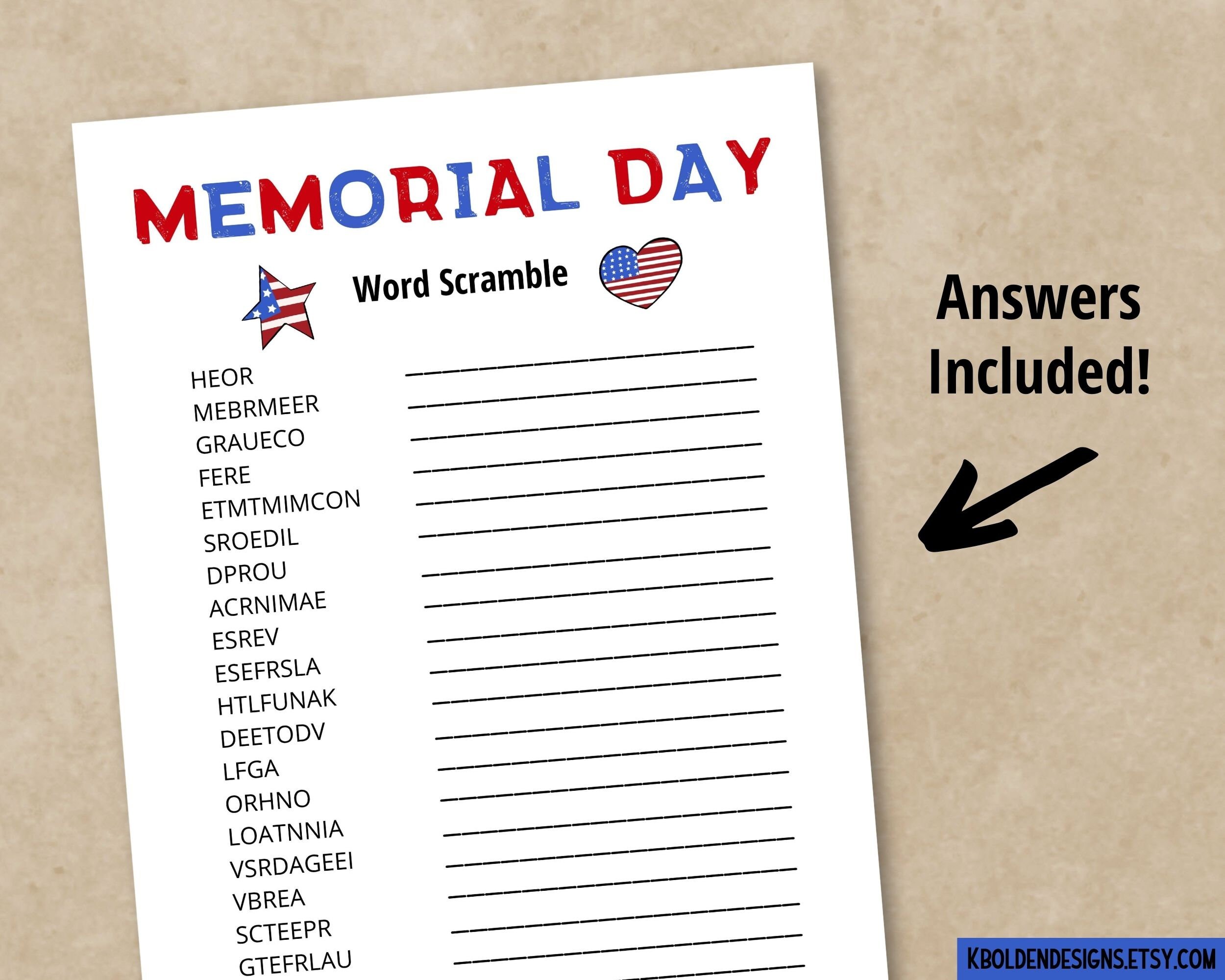 Memorial Day Printable Word Scramble, Digital Download, Classroom ...