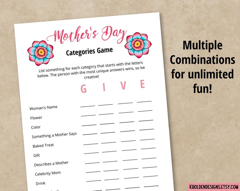 Mother's Day Printable Categories Game, Digital Download, Word Games ...