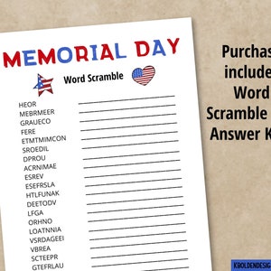 Memorial Day Printable Word Scramble, Digital Download, Classroom ...