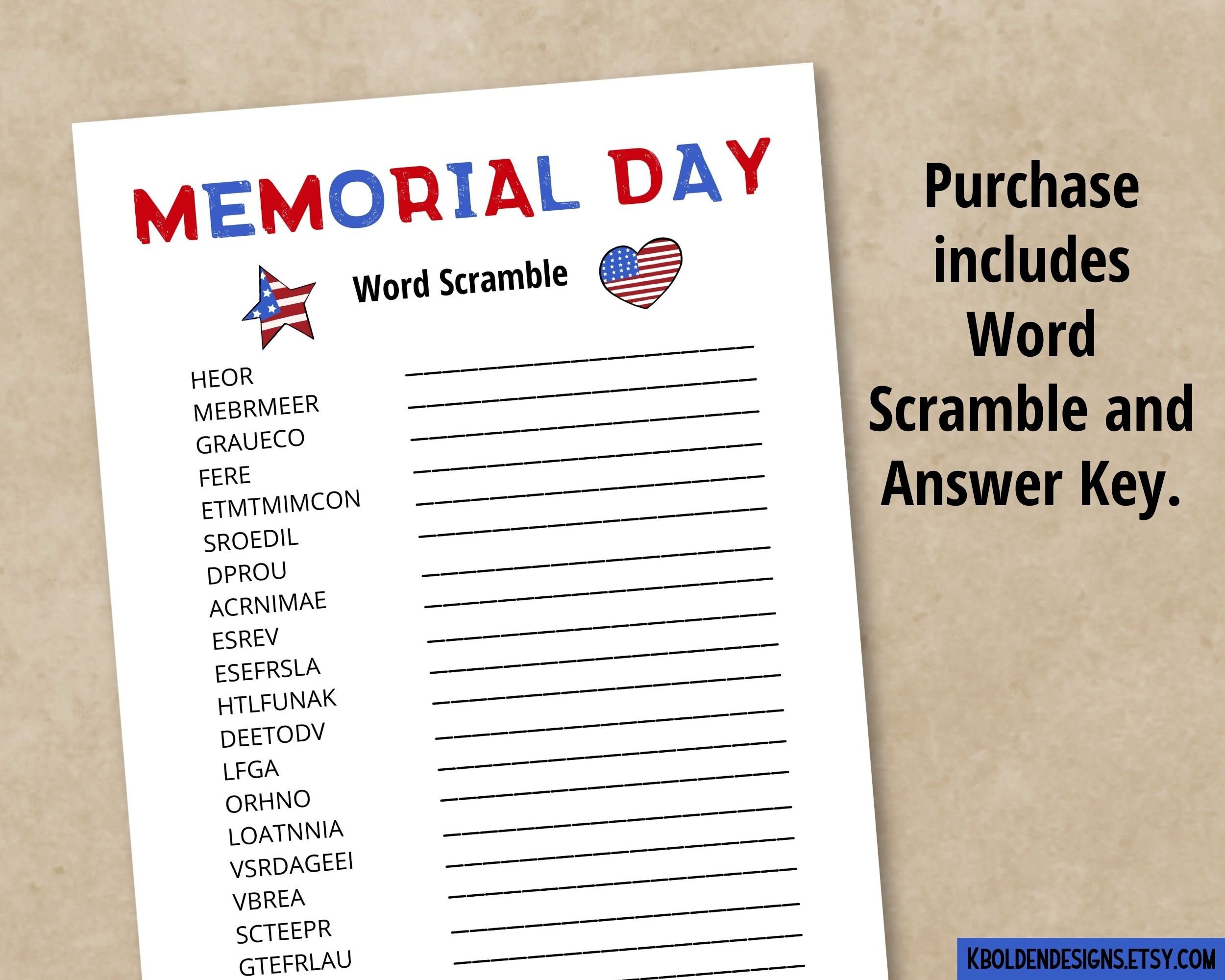 Memorial Day Printable Word Scramble, Digital Download, Classroom ...