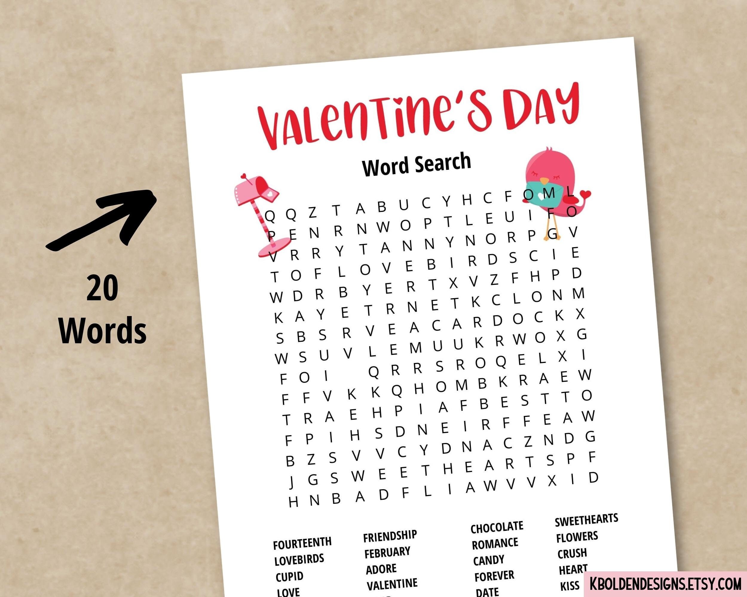 Valentine's Day Printable Word Search, Fun Valentines Day Games for ...