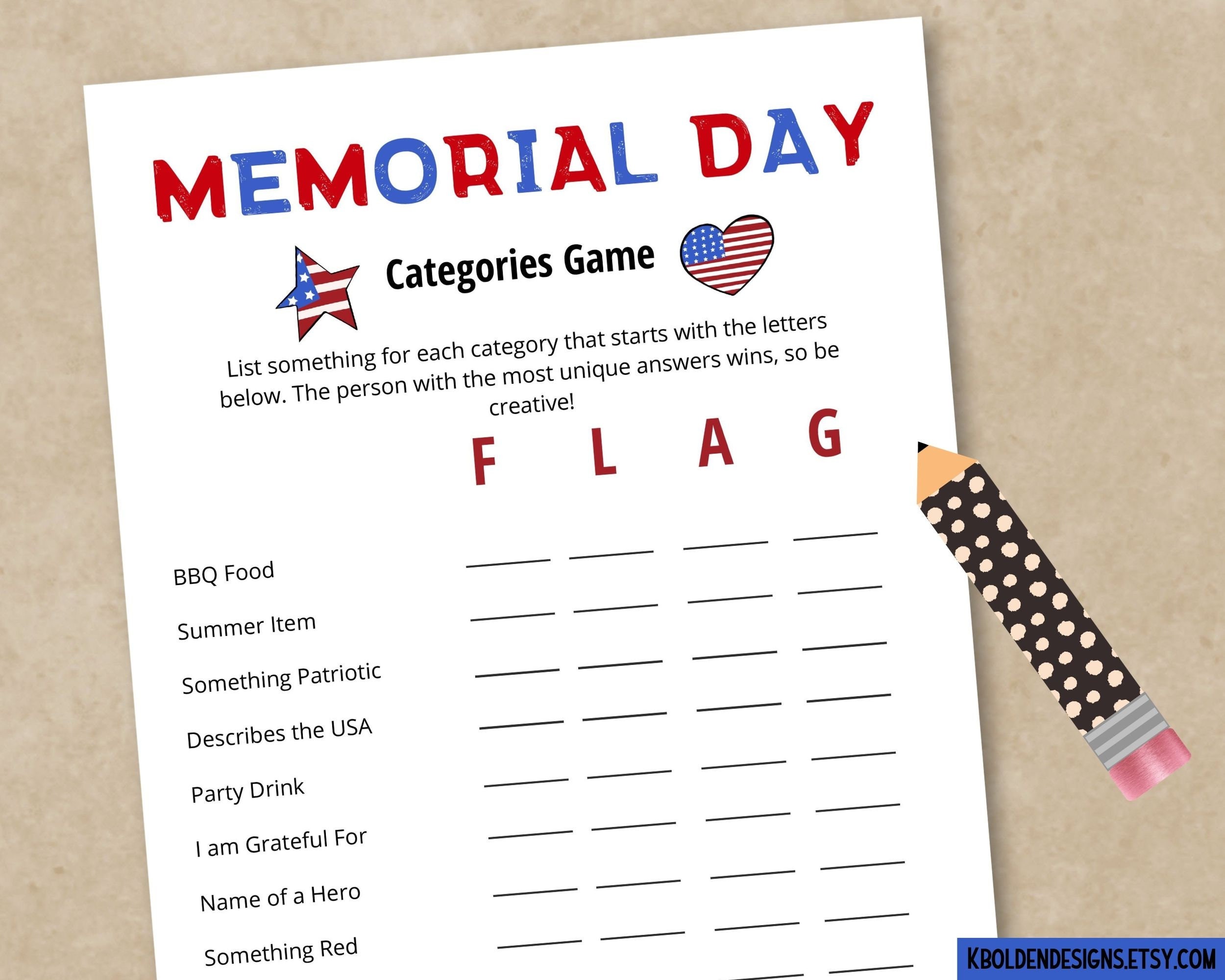 Memorial Day Printable Categories Game, Digital Download, Word Games ...