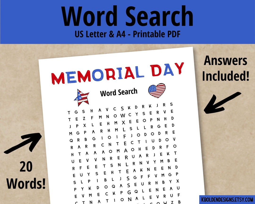 Memorial Day Printable Word Search, Digital Download, Classroom ...
