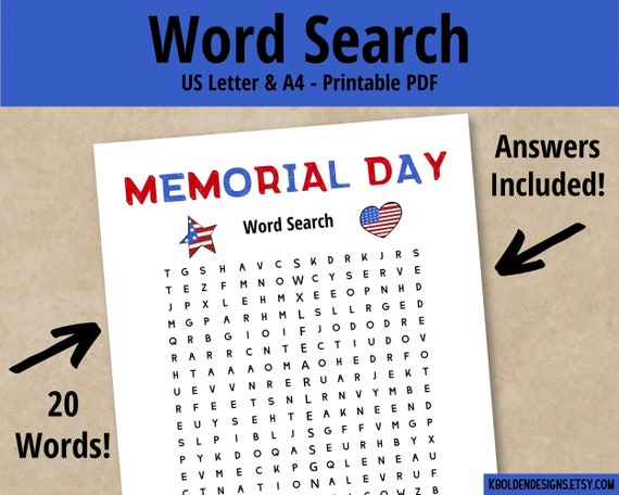 Memorial Day Printable Word Search Digital Download | Etsy