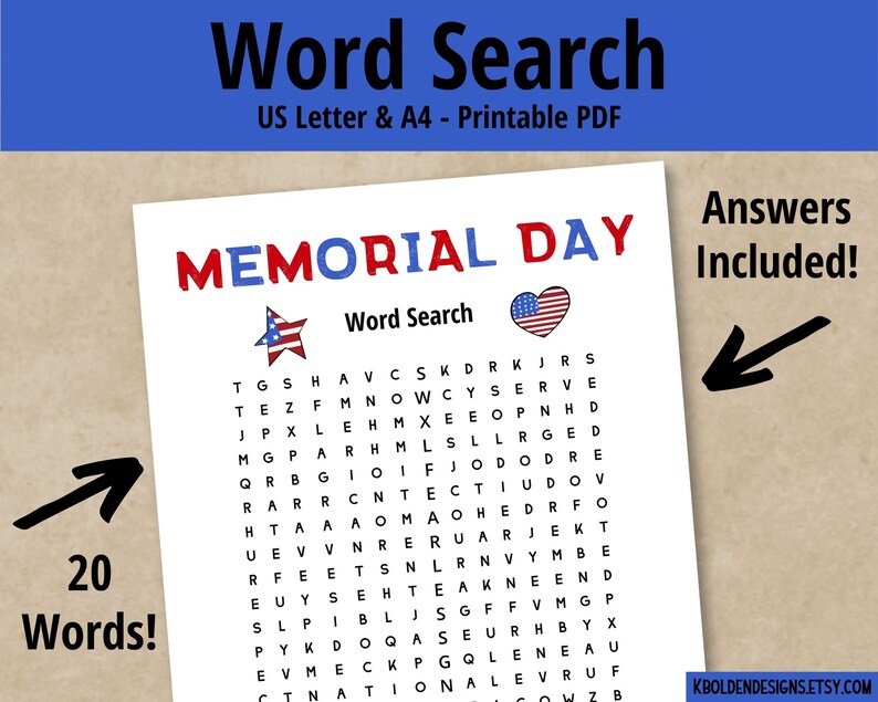 Memorial Day Printable Word Search, Digital Download, Classroom ...