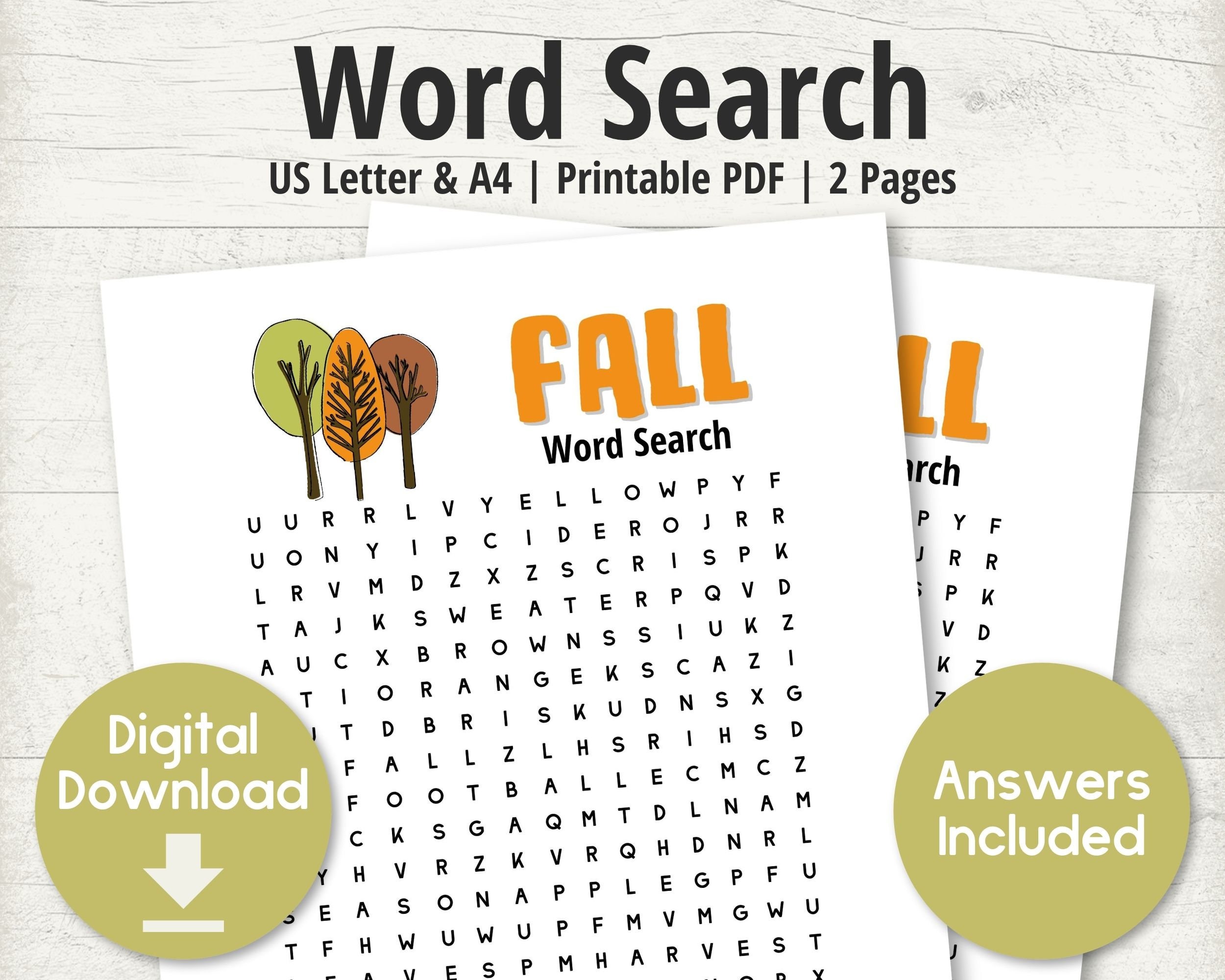 Fall Word Search, Printable Games, Digital Download, Word Games ...