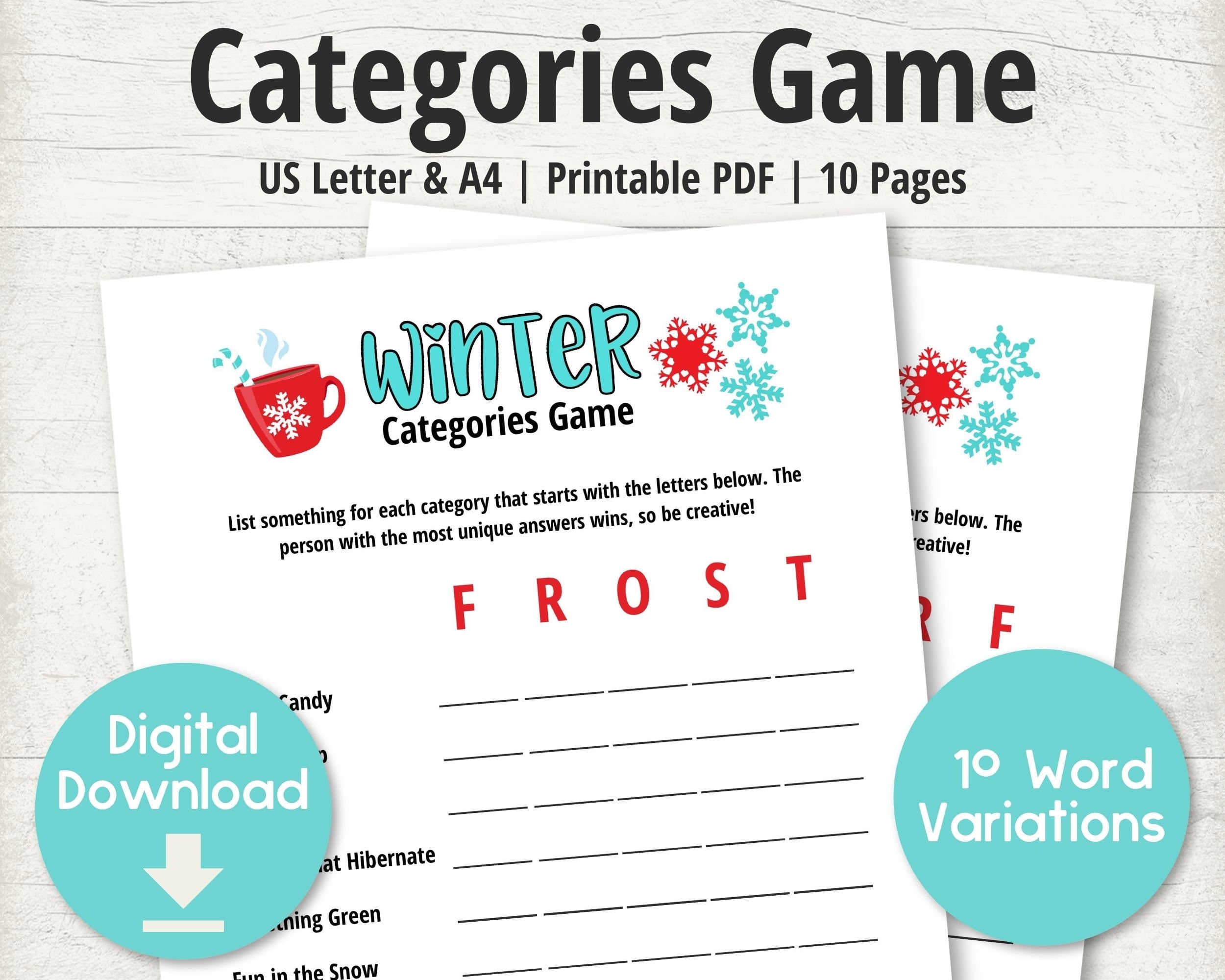 Winter Categories Game, Printable Games, Digital Download, Word Games ...