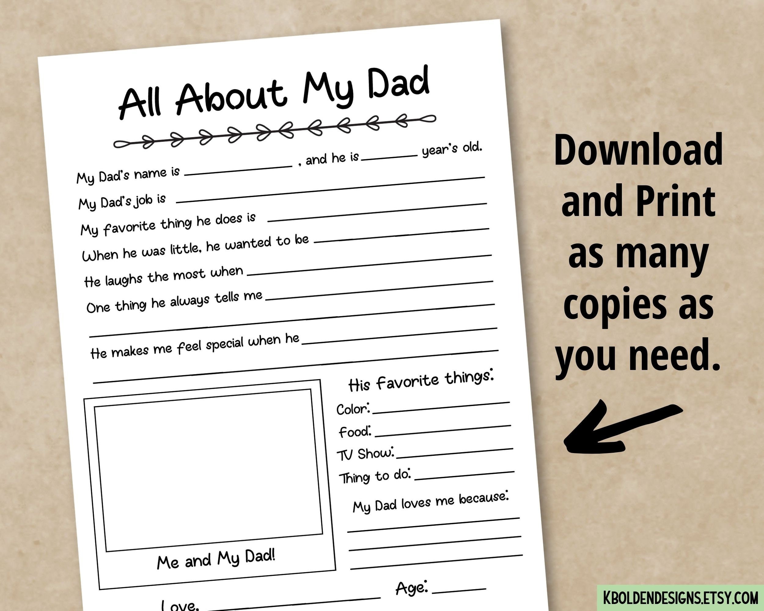 All About My Dad Father's Day DIY Gift for Dad Printable, Father's Day ...