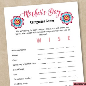Mother's Day Printable Categories Game, Digital Download, Word Games ...
