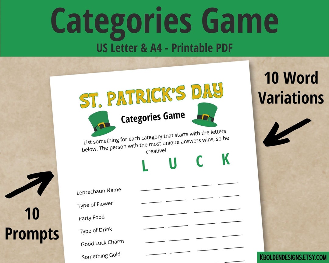St Patricks Day Printable Categories Game, Digital Download, Word Games ...