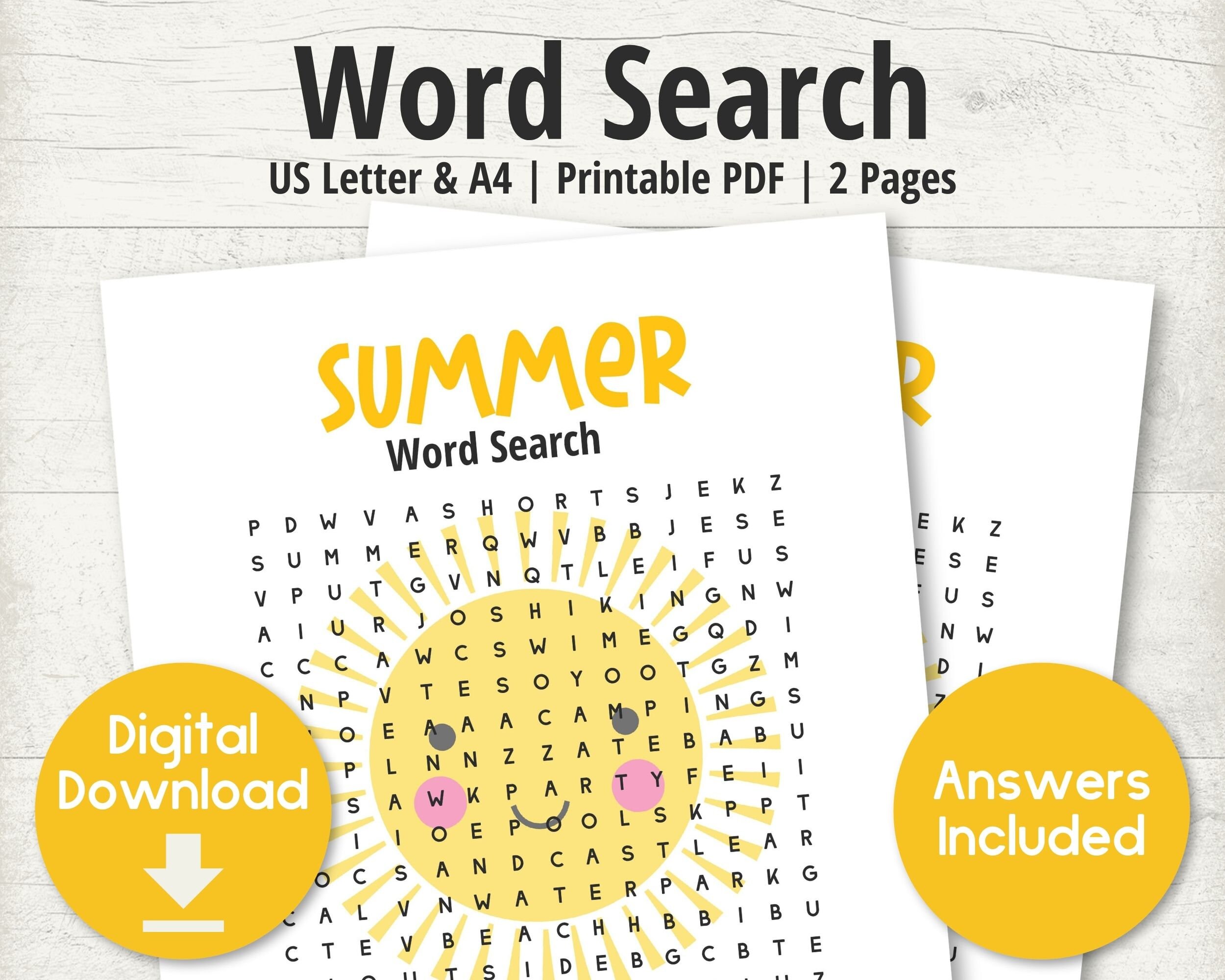 Summer Word Search, Printable Games, Digital Download, Word Games, Last ...