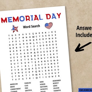 Memorial Day Printable Word Search, Digital Download, Classroom ...