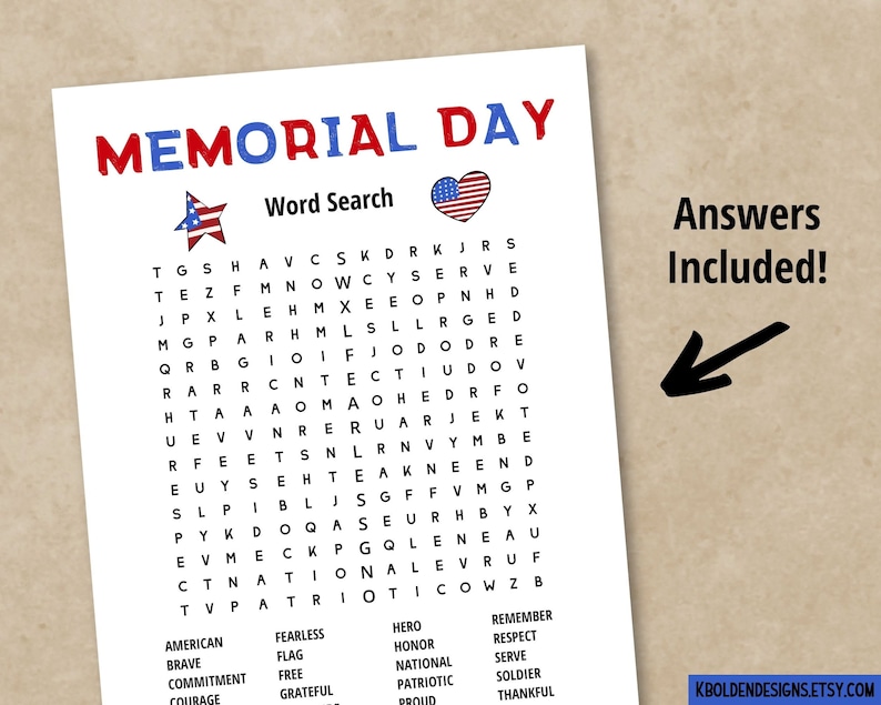 Memorial Day Printable Word Search, Digital Download, Classroom ...