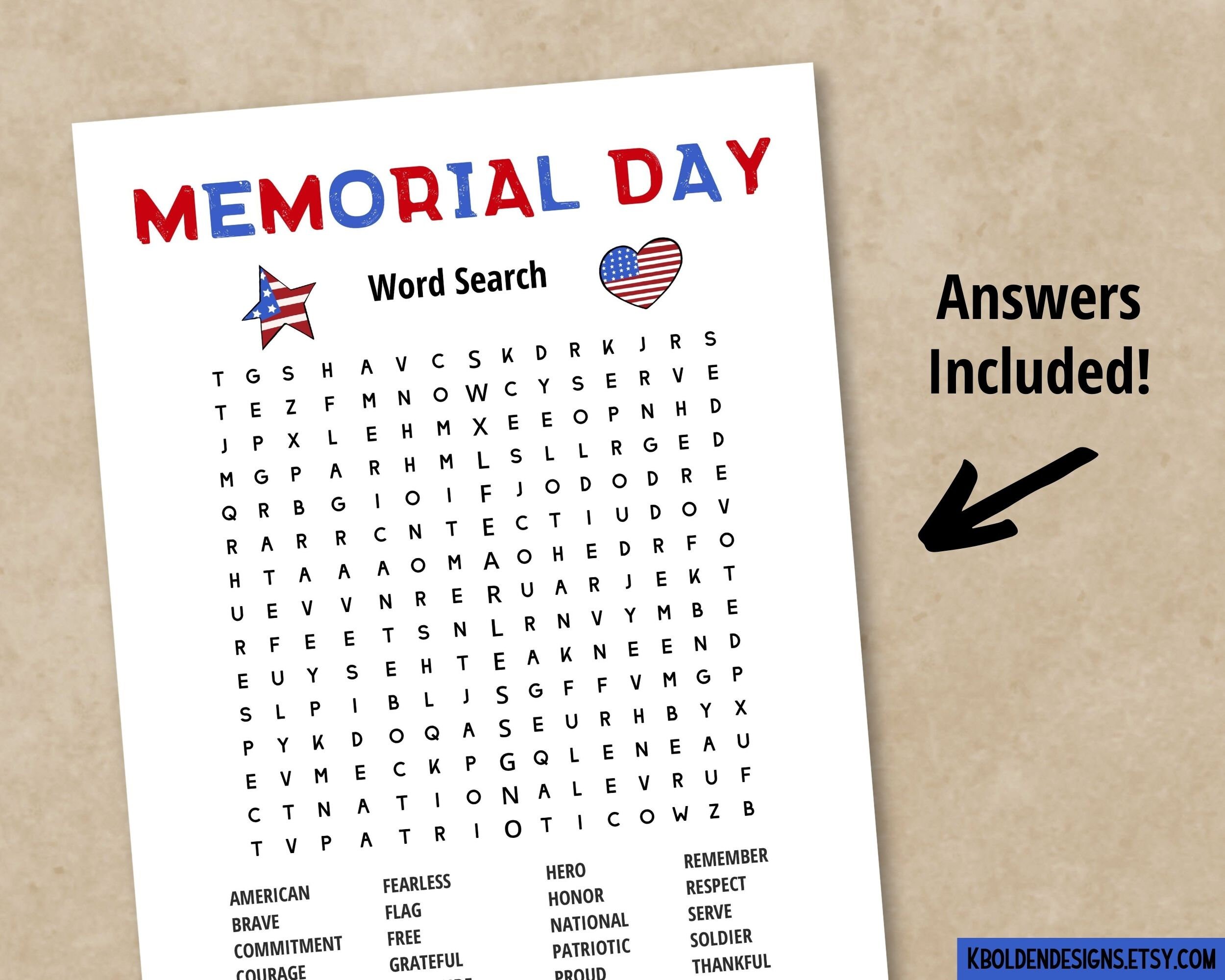 Memorial Day Printable Word Search, Digital Download, Classroom ...