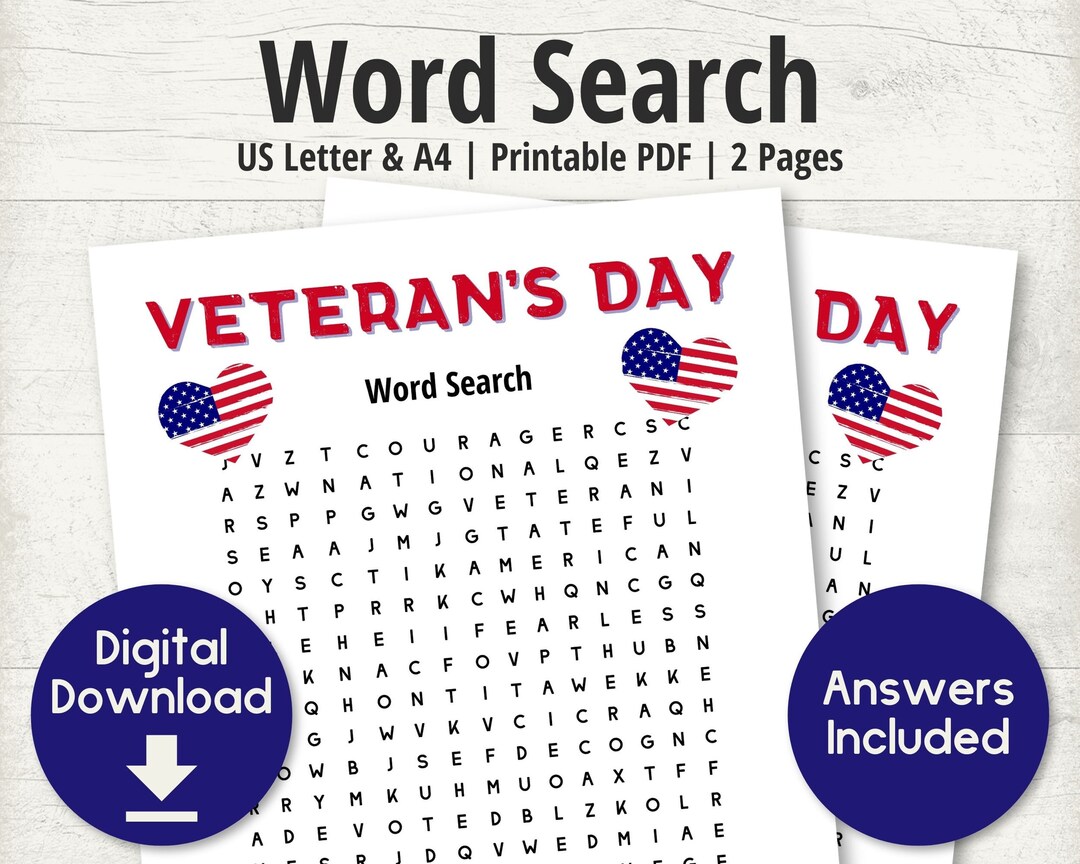 Veteran's Day Word Search, Digital Download, Printable Games, Word ...