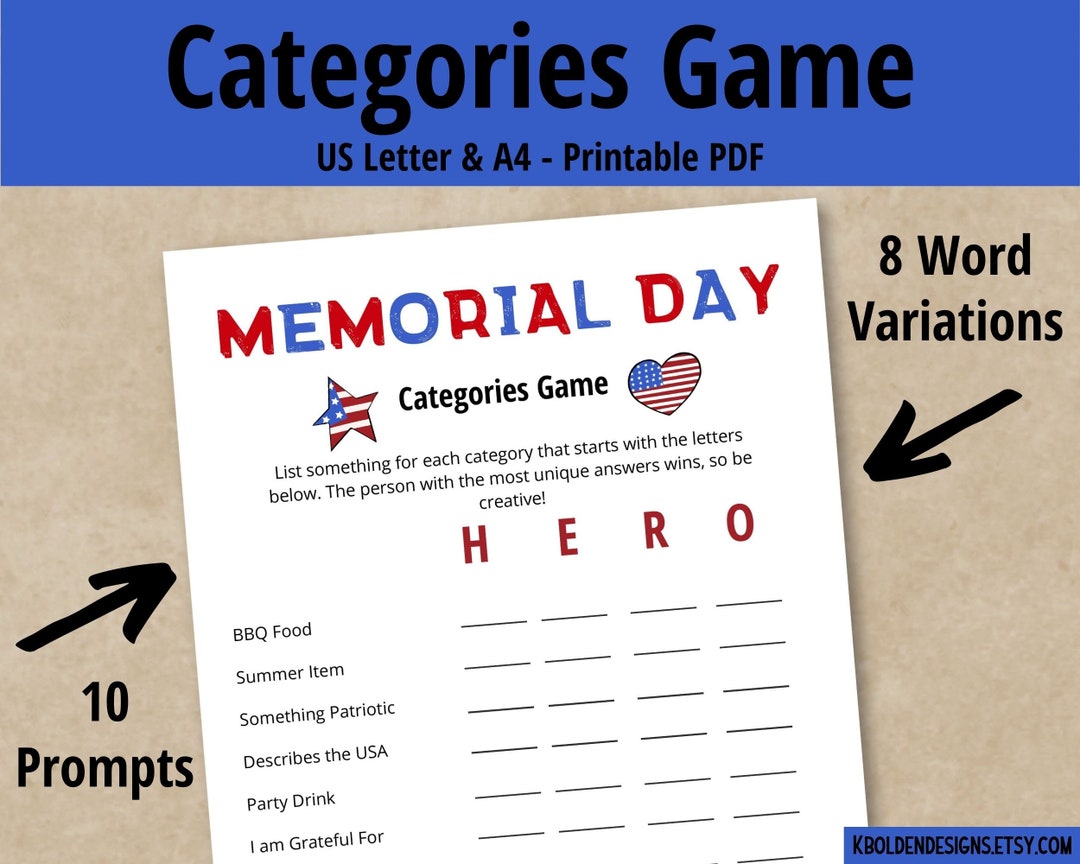 Memorial Day Printable Categories Game, Digital Download, Word Games ...