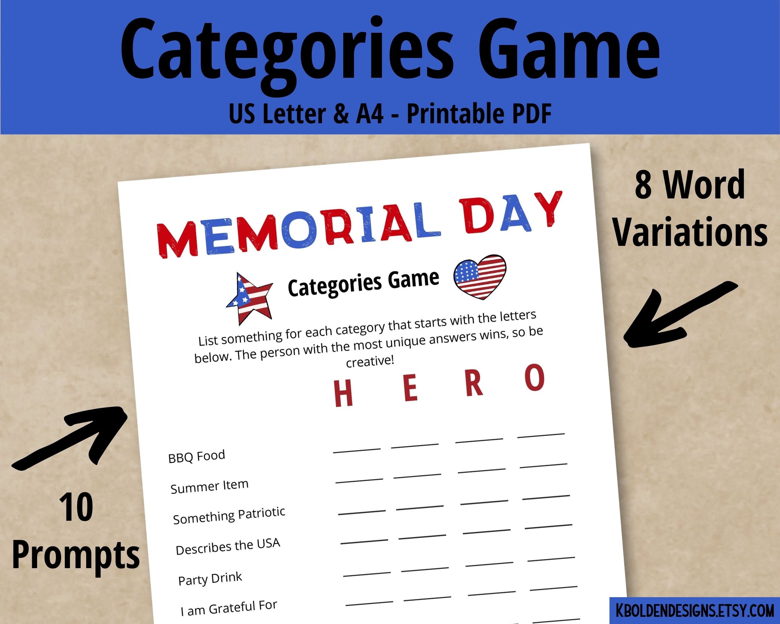 Memorial Day Printable Categories Game, Digital Download, Word Games ...