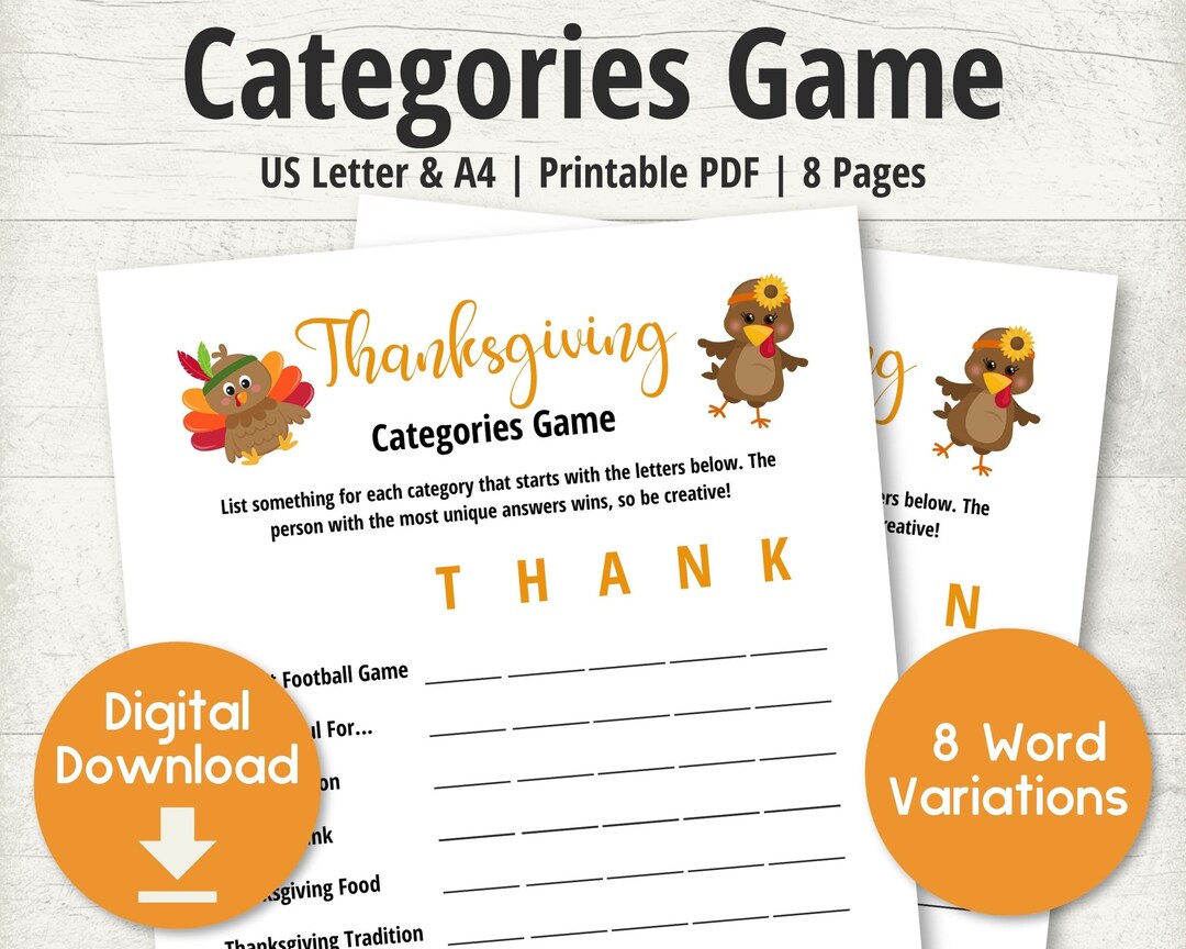 Thanksgiving Categories Game, Printable Game, Digital Download, Word ...