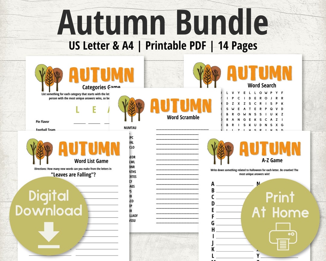 Autumn Activity Bundle, Printable Games, Digital Download, Word Search ...