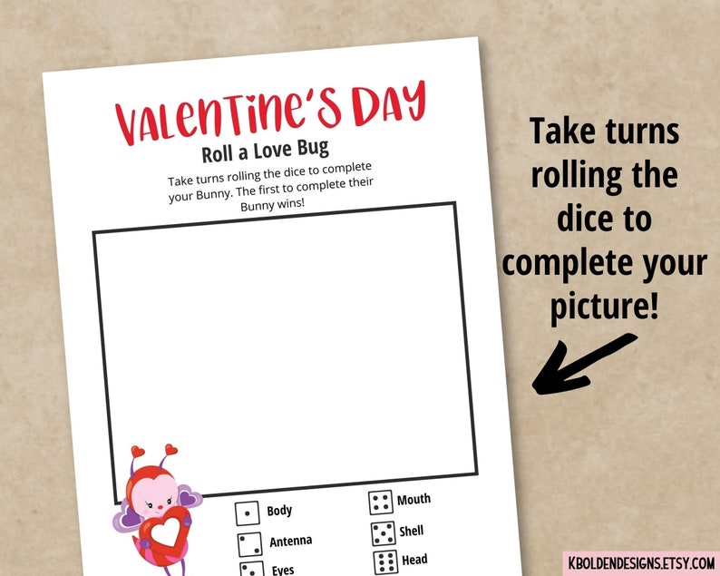 Valentine's Day Roll a Love Bug, Dice Game Printable, Fun Valentine's ...