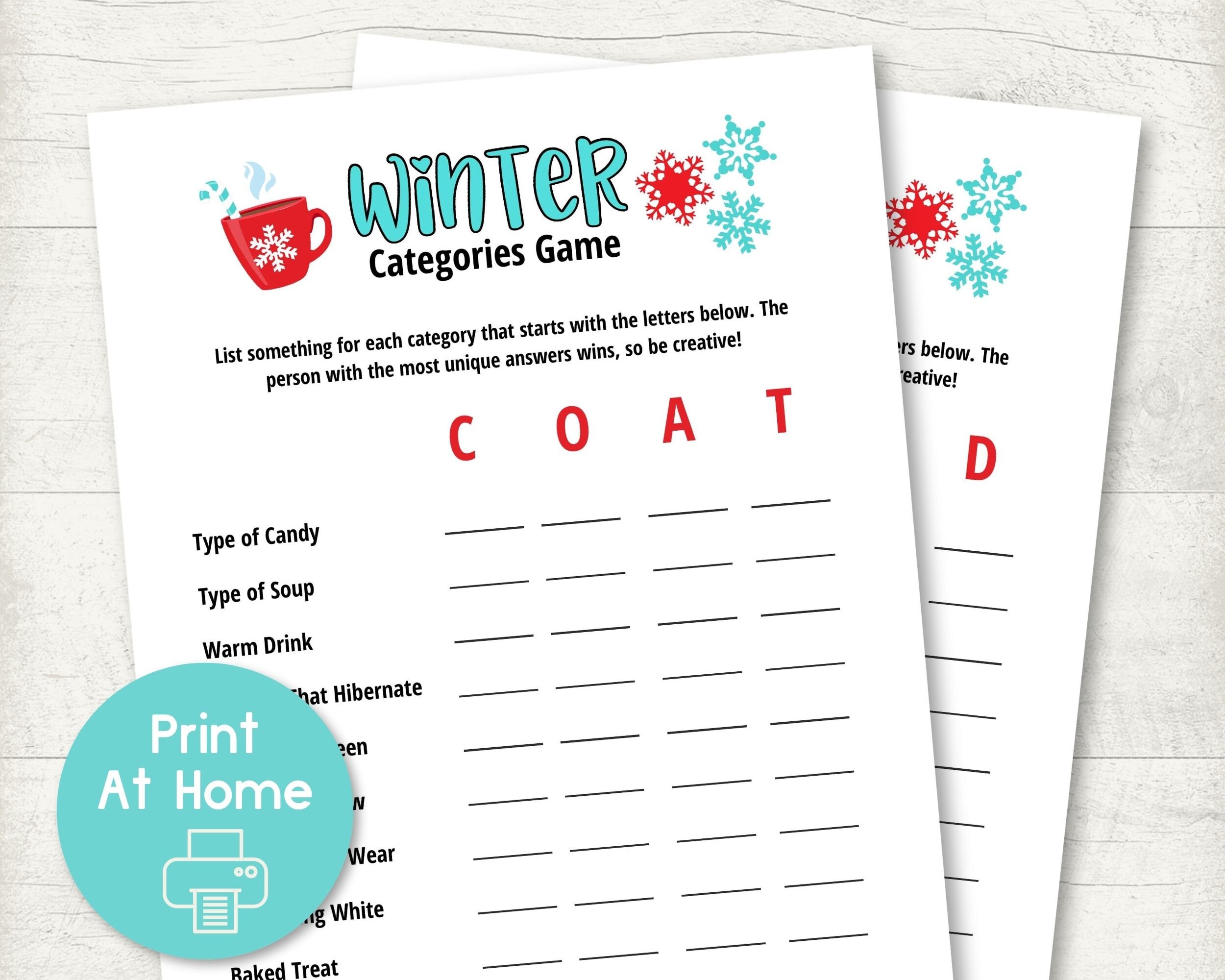 Winter Categories Game, Printable Games, Digital Download, Word Games ...