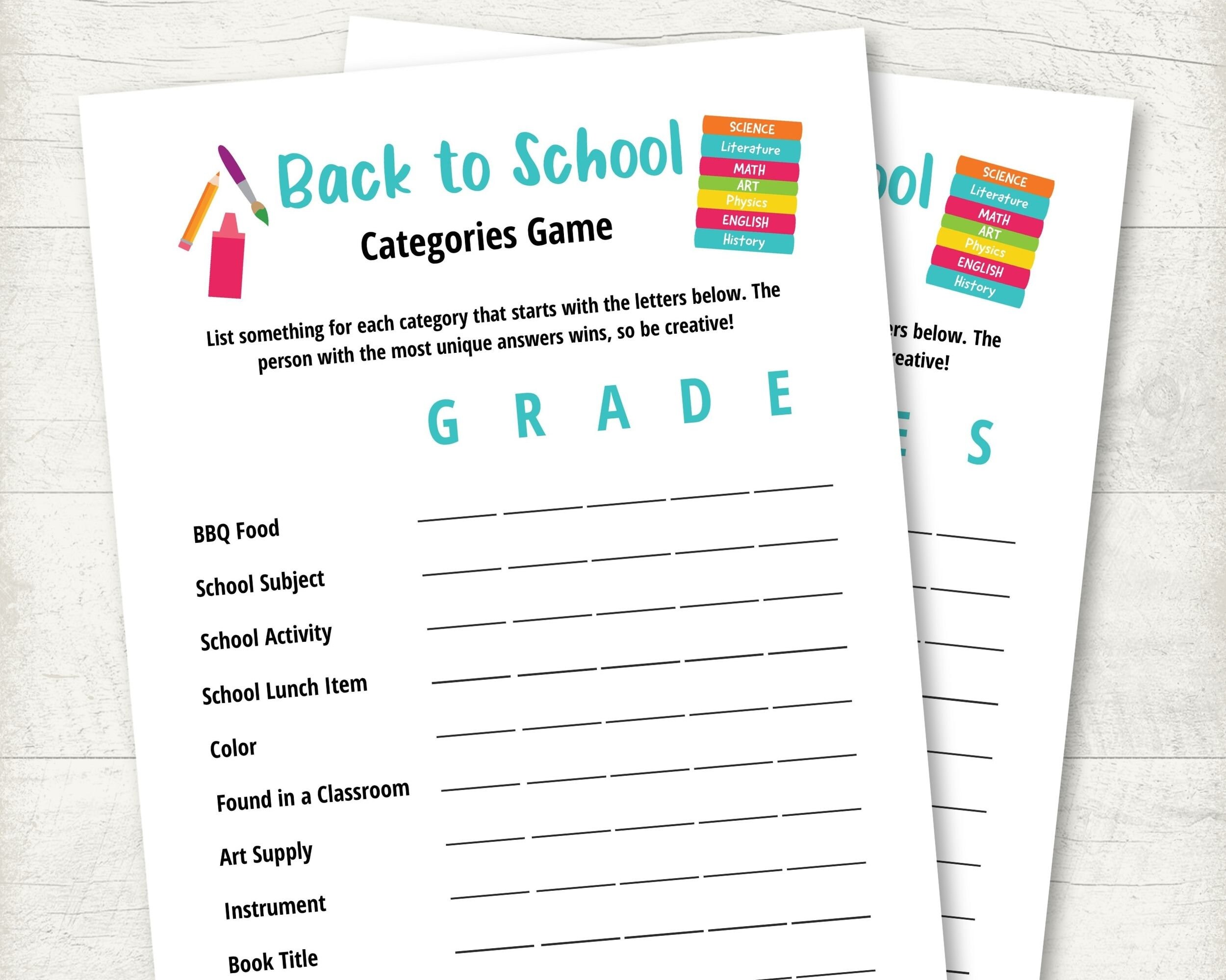 Back to School Categories Game, Printable Games, Digital Download, Word ...