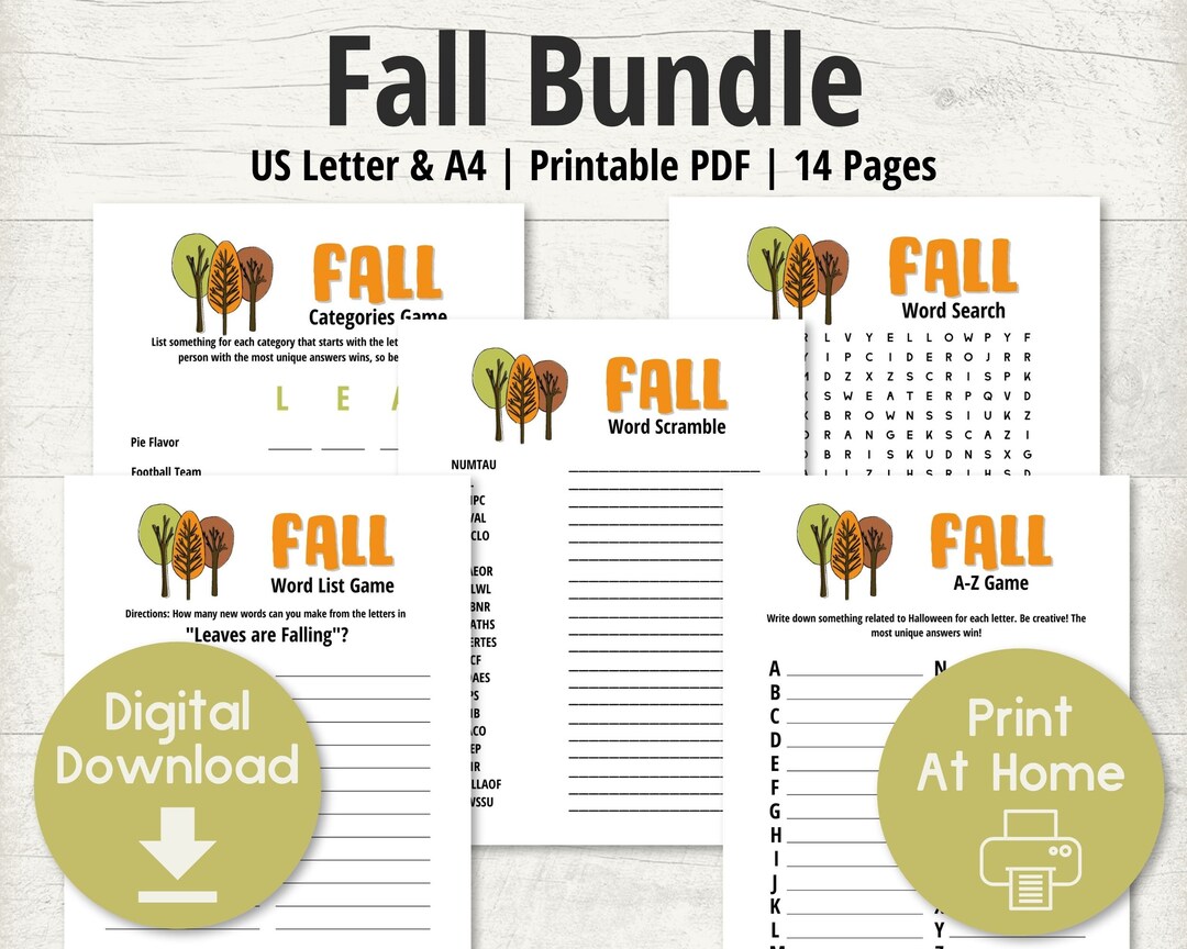 Fall Activity Bundle, Printable Games, Digital Download, Word Search ...