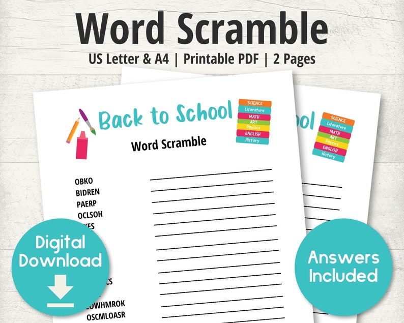 Back to School Word Scramble, Printable Games, Digital Download, Word ...
