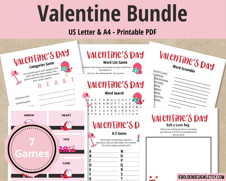 Valentine's Day Printable Activities Bundle, Word Search, Word Scramble ...