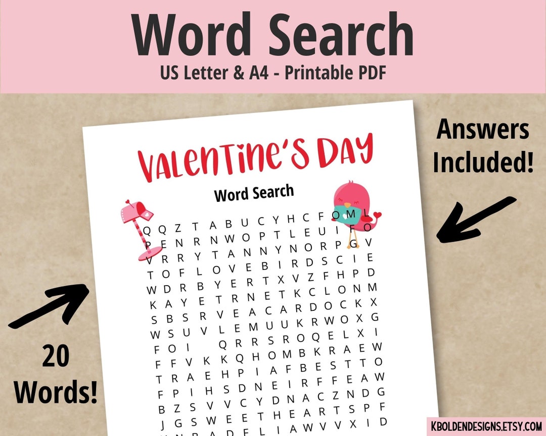Valentine's Day Printable Word Search, Fun Valentines Day Games for ...