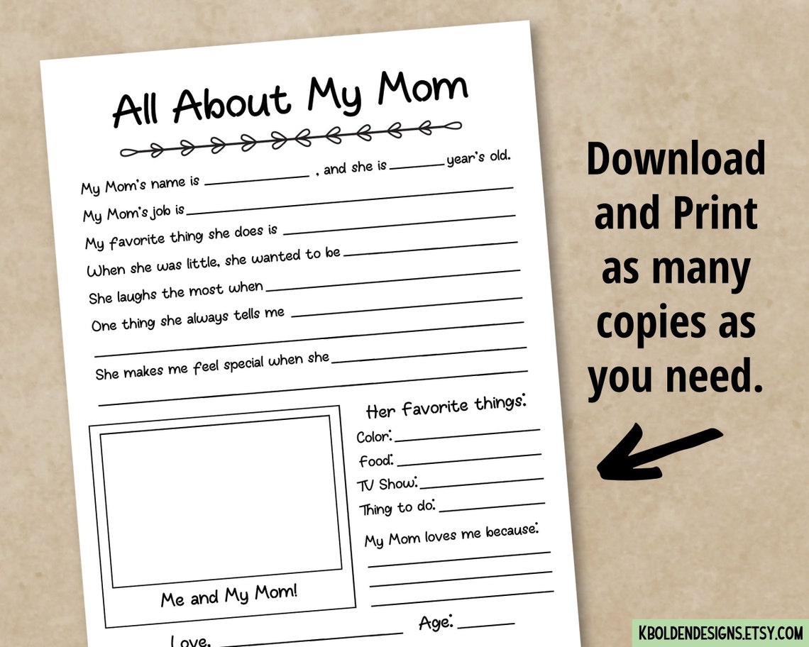 All About My Mom Mother's Day Printable, Mother's Day Craft ...