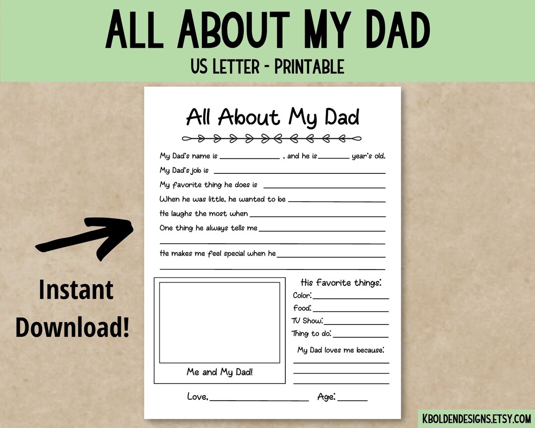 All About My Dad Father's Day DIY Gift for Dad Printable, Father's Day ...