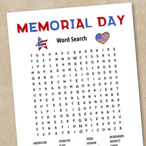 Memorial Day Printable Word Search, Digital Download, Classroom ...