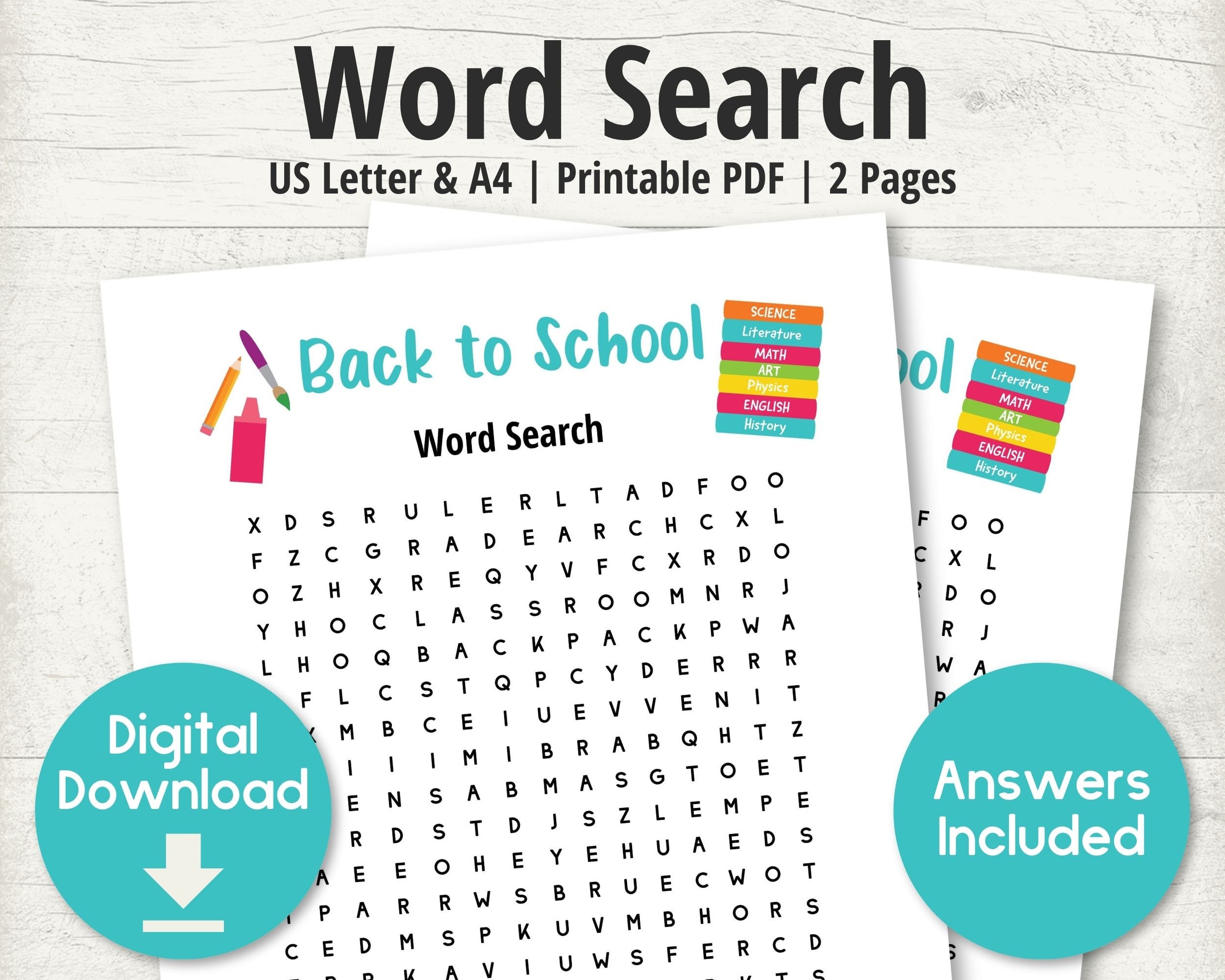 Back to School Word Search, Printable Games, Digital Download, Word ...