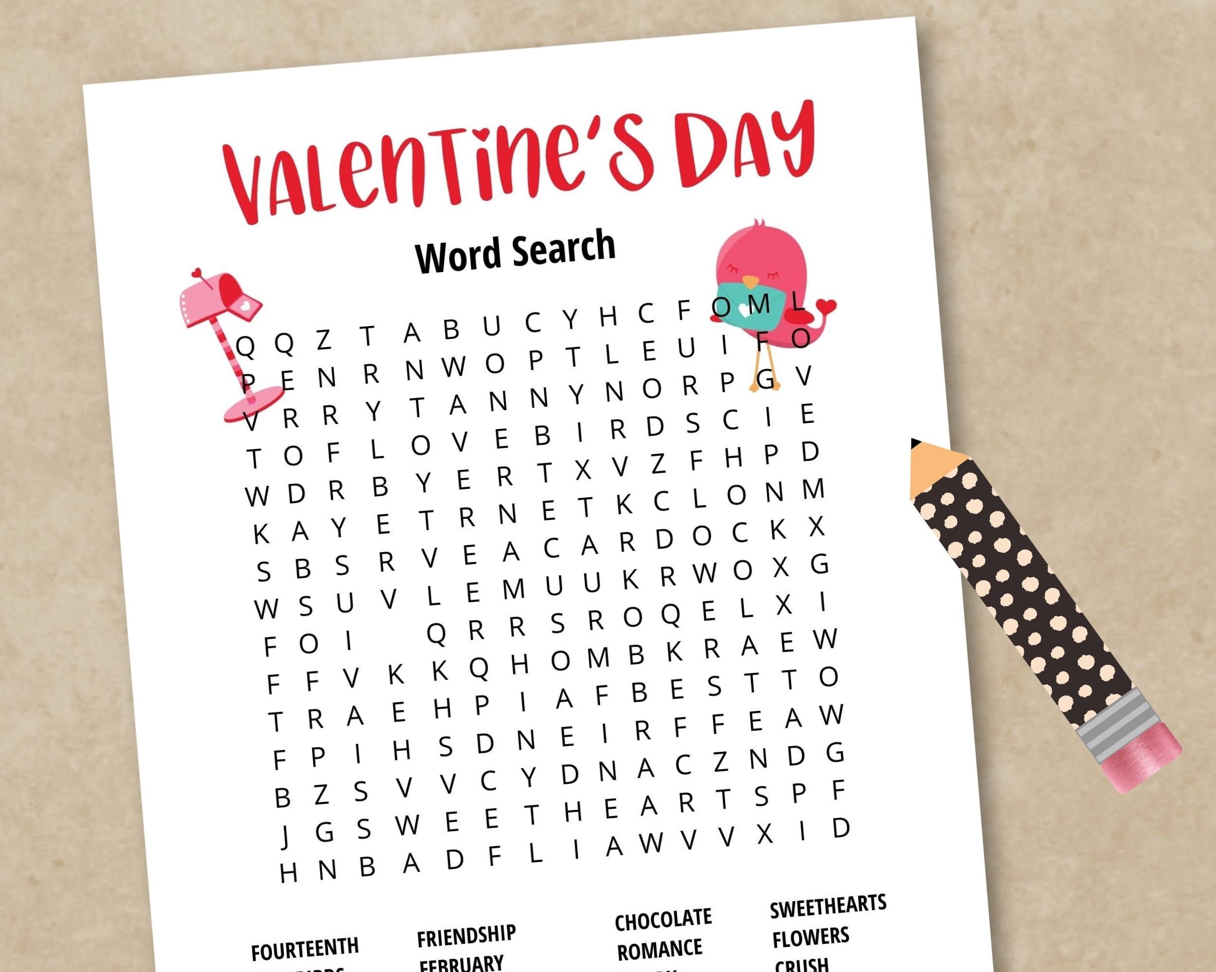 Valentine's Day Printable Word Search, Fun Valentines Day Games for ...