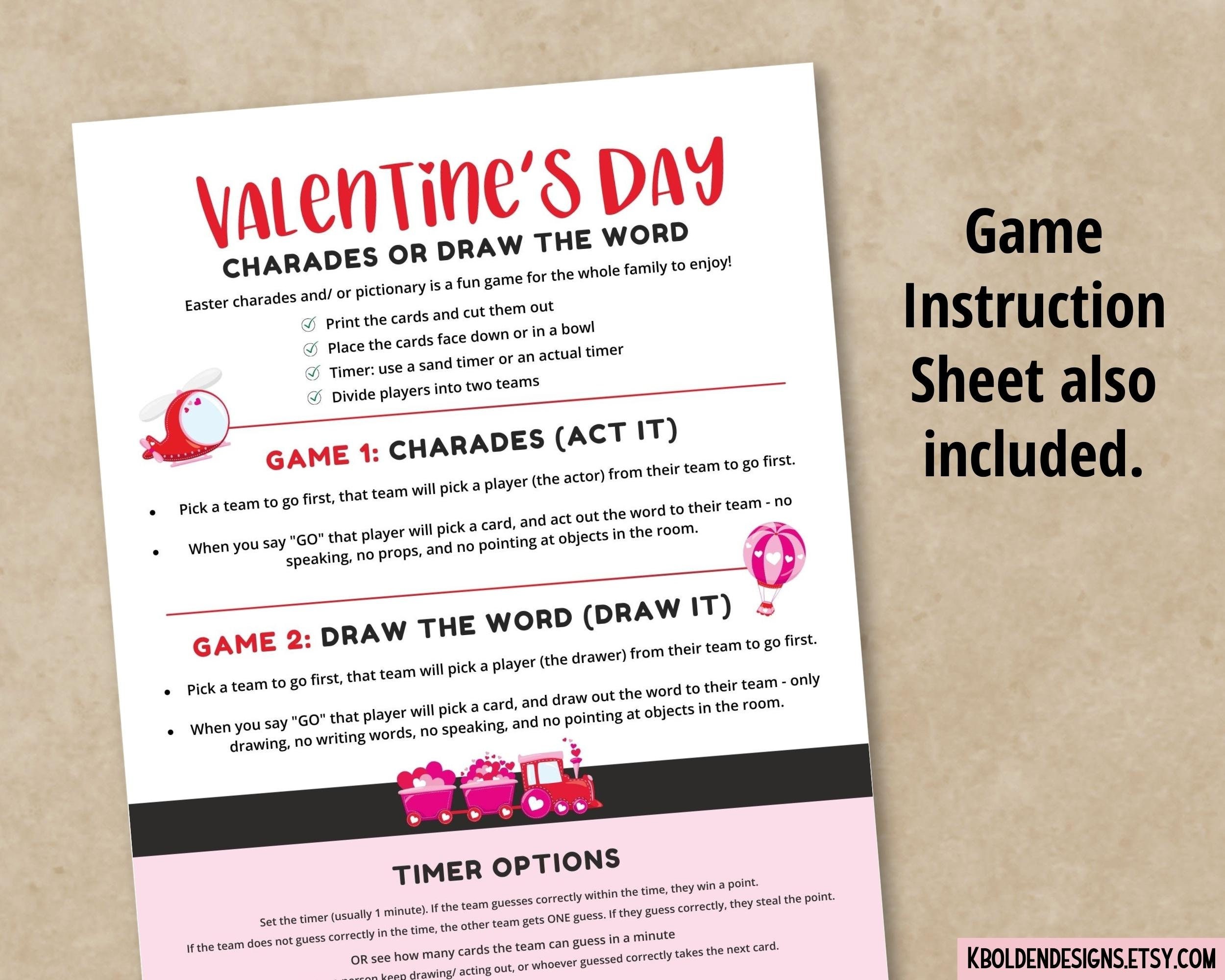 Valentine's Day Printable Charades, Draw the Word, Fun Valentine's Day ...