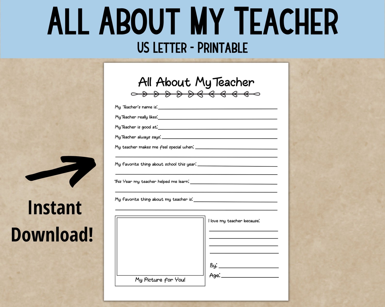 Teacher Appreciation Week Printable All About My Teacher, Teacher ...