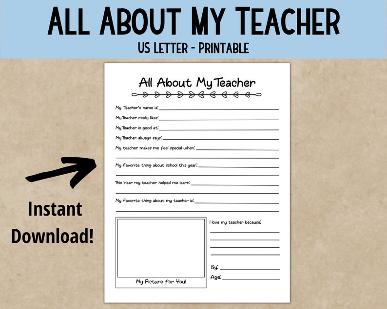 Teacher Appreciation Week Printable All About My Teacher, Teacher ...