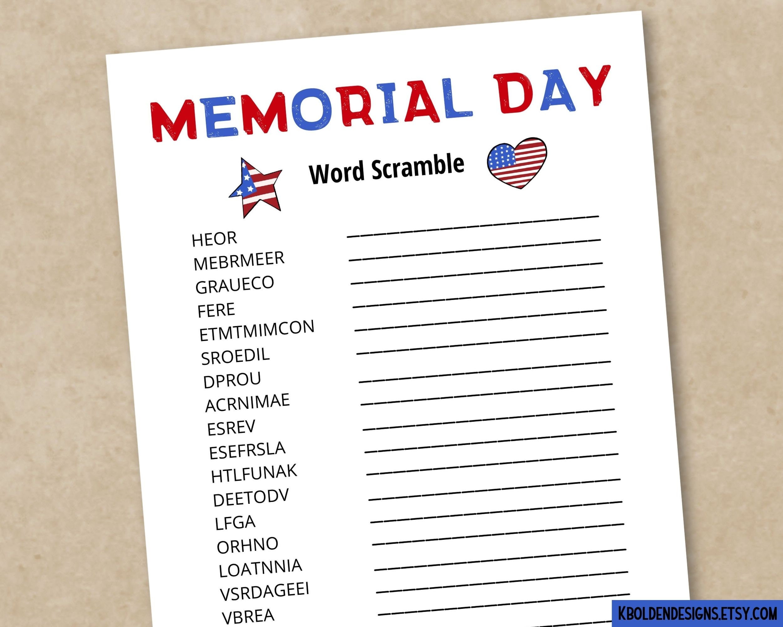 Memorial Day Printable Word Scramble, Digital Download, Classroom ...