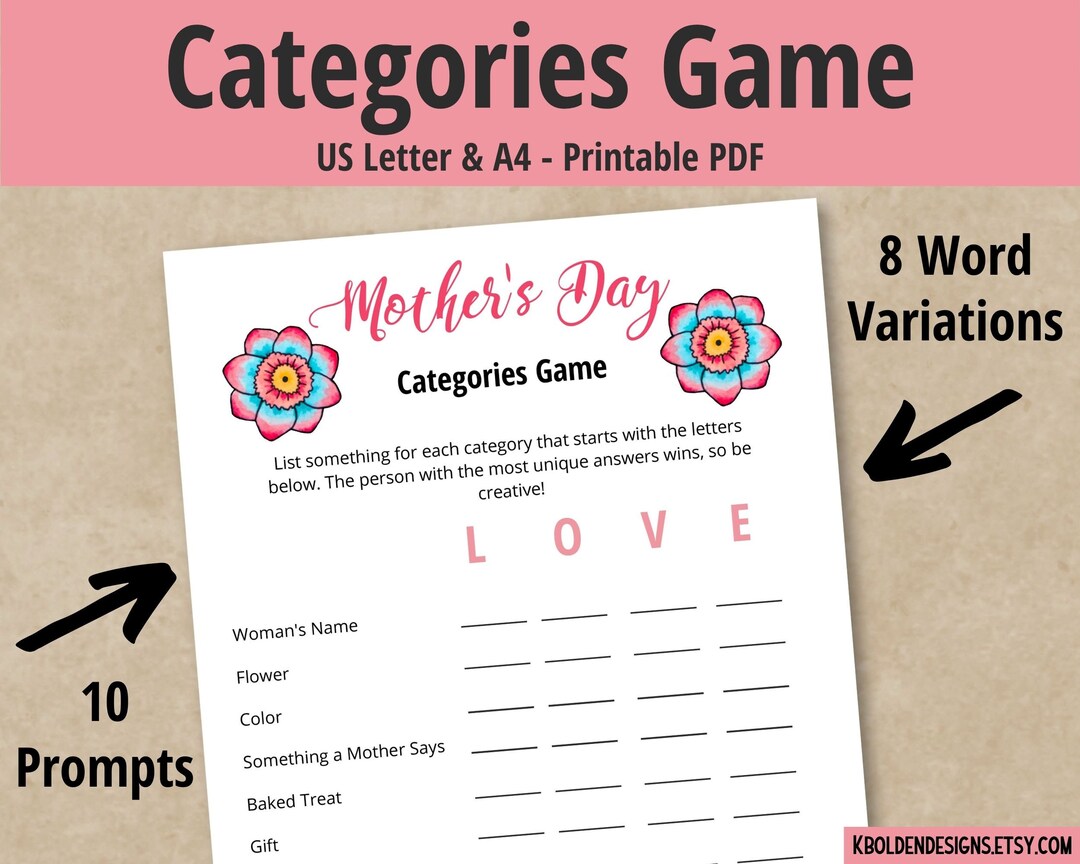 Mother's Day Printable Categories Game, Digital Download, Word Games ...