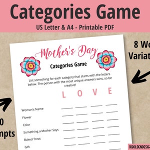 Mother's Day Printable Categories Game, Digital Download, Word Games ...