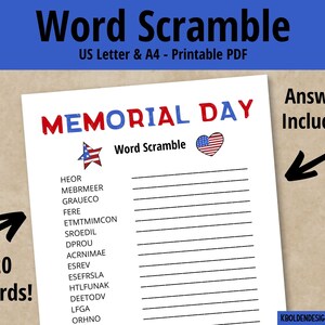 Memorial Day Printable Word Scramble, Digital Download, Classroom ...