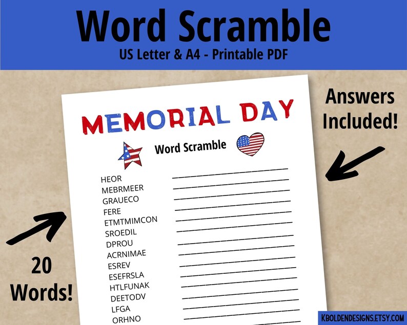 Memorial Day Printable Word Scramble, Digital Download, Classroom ...
