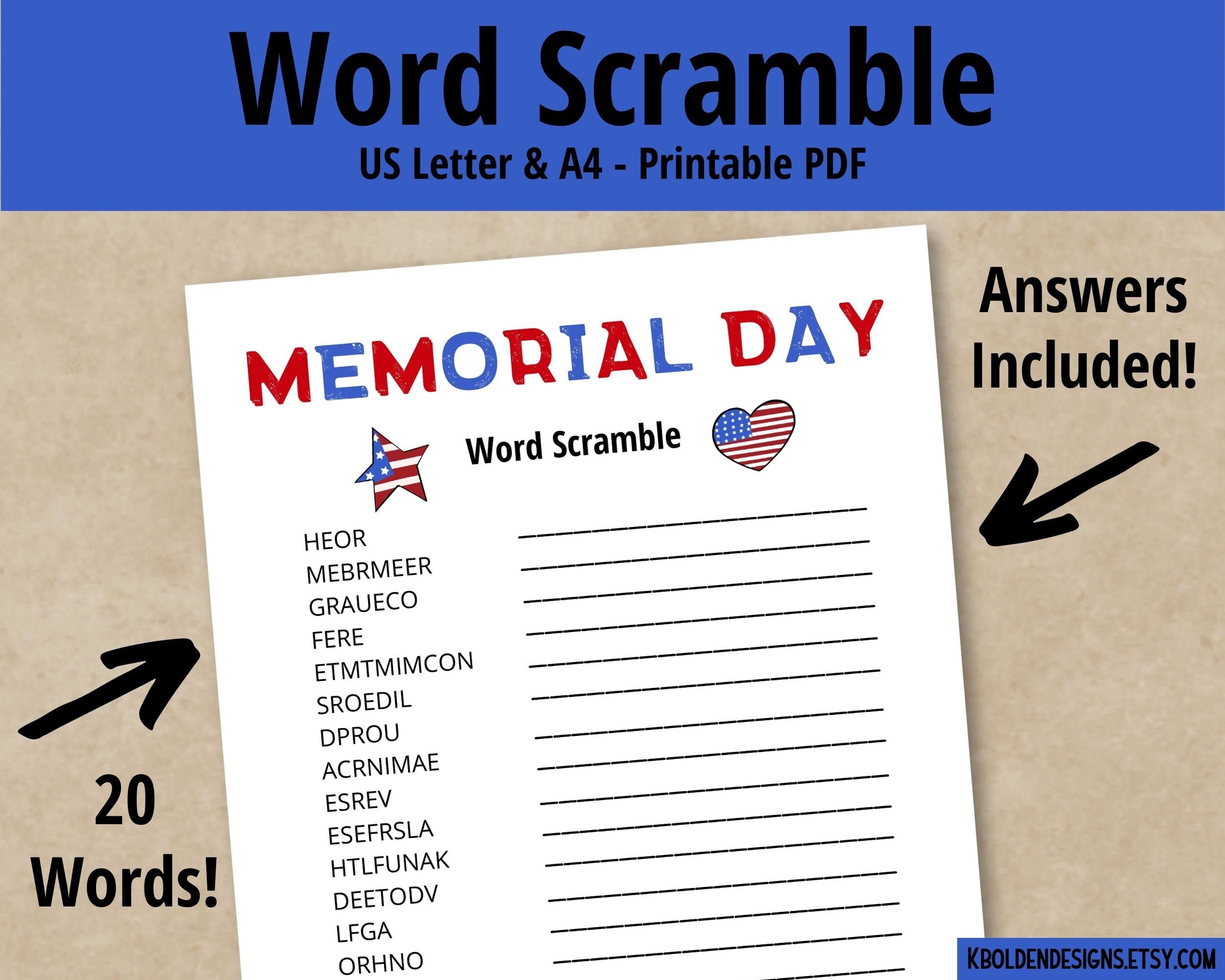 Memorial Day Printable Word Scramble, Digital Download, Classroom ...