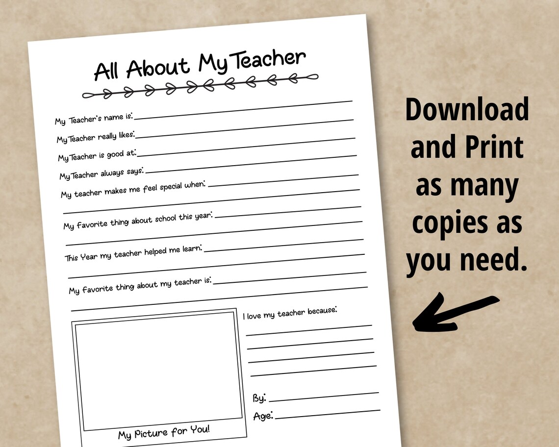 Teacher Appreciation Week Printable All About My Teacher, Teacher ...