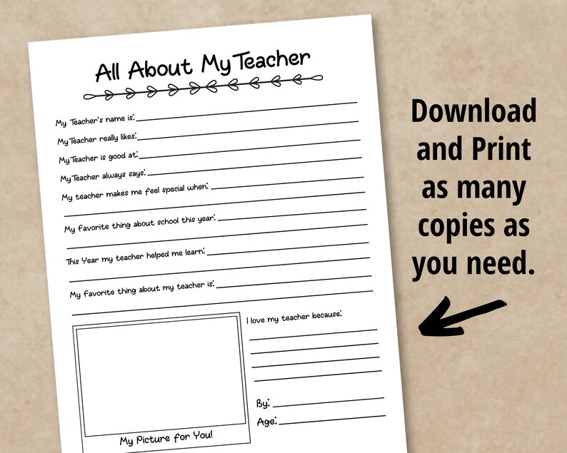 Teacher Appreciation Week Printable All About My Teacher, Teacher ...