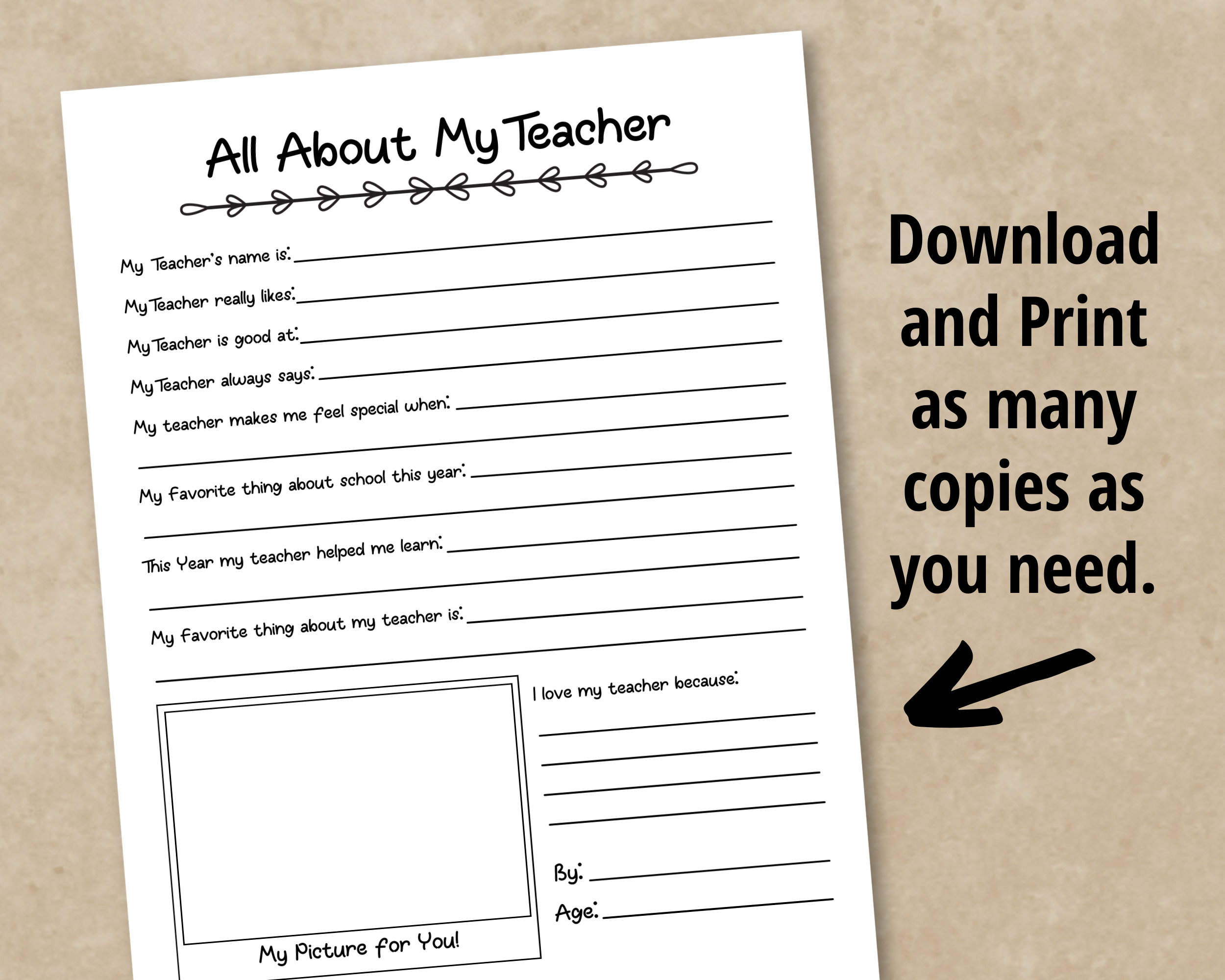 Teacher Appreciation Week Printable All About My Teacher, Teacher ...